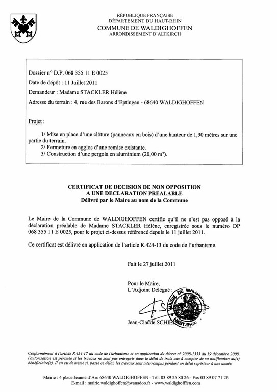 Non-opposition à la déclaration préalable n°11E0025 - Mme STACKLER ... Non-opposition à la déclaration préalable n°11E0025 - Mme STACKLER ...